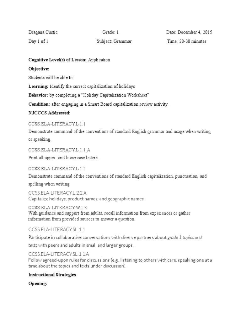 Holiday Capitalization Lesson Plan | PDF | Question | Worksheet