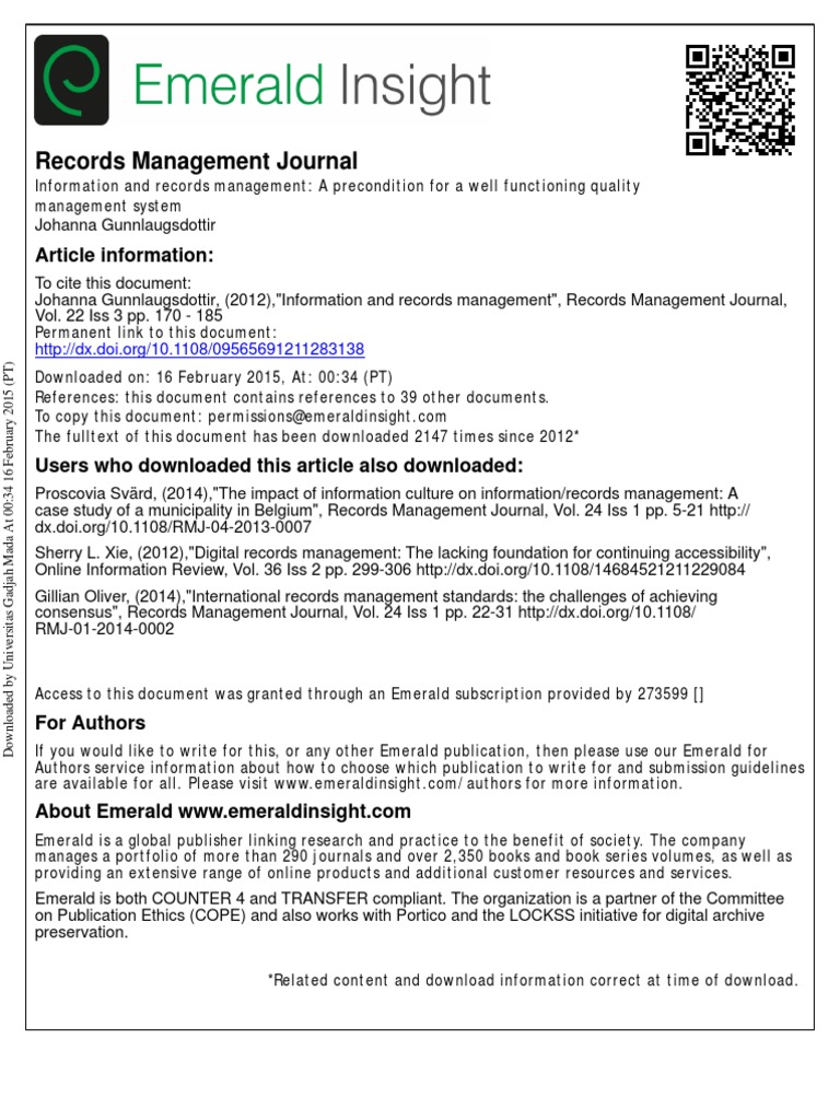 Information and Records Management - A Precondition For A Well ...