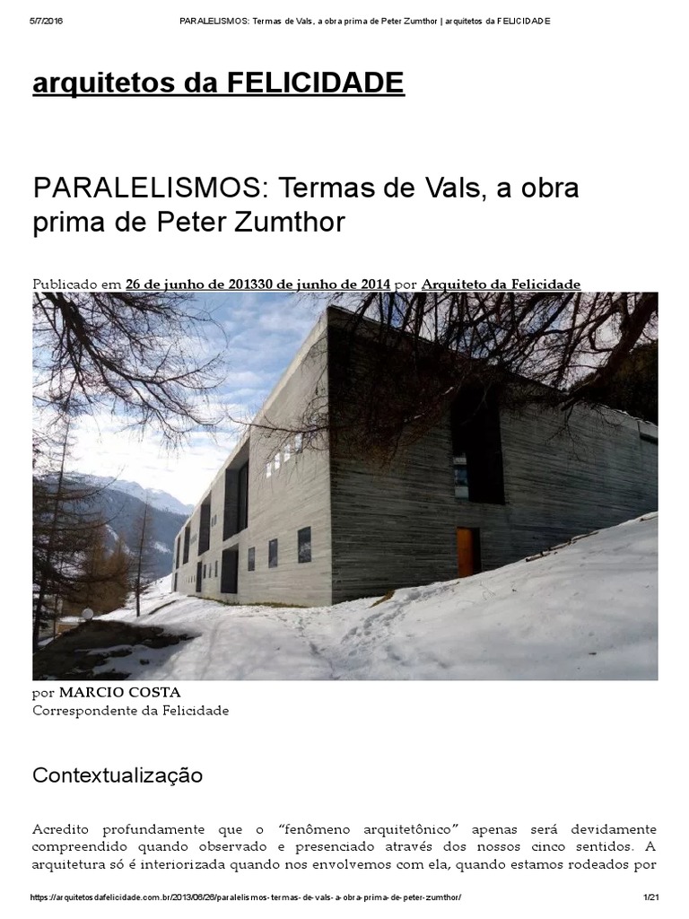 Termas de Vals: Arquitetura e Natureza | PDF | Tomar banho | Espaço sideral