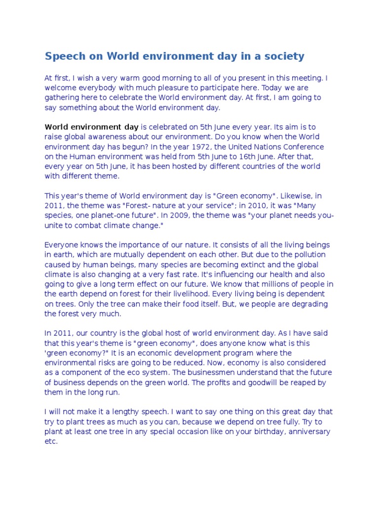 Speech On World Environment Day in A Society | PDF | Natural ...