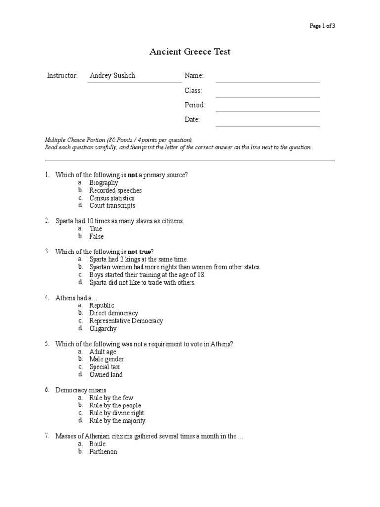 Ancient Greece Test 1 | PDF | Ancient Greece | Sparta