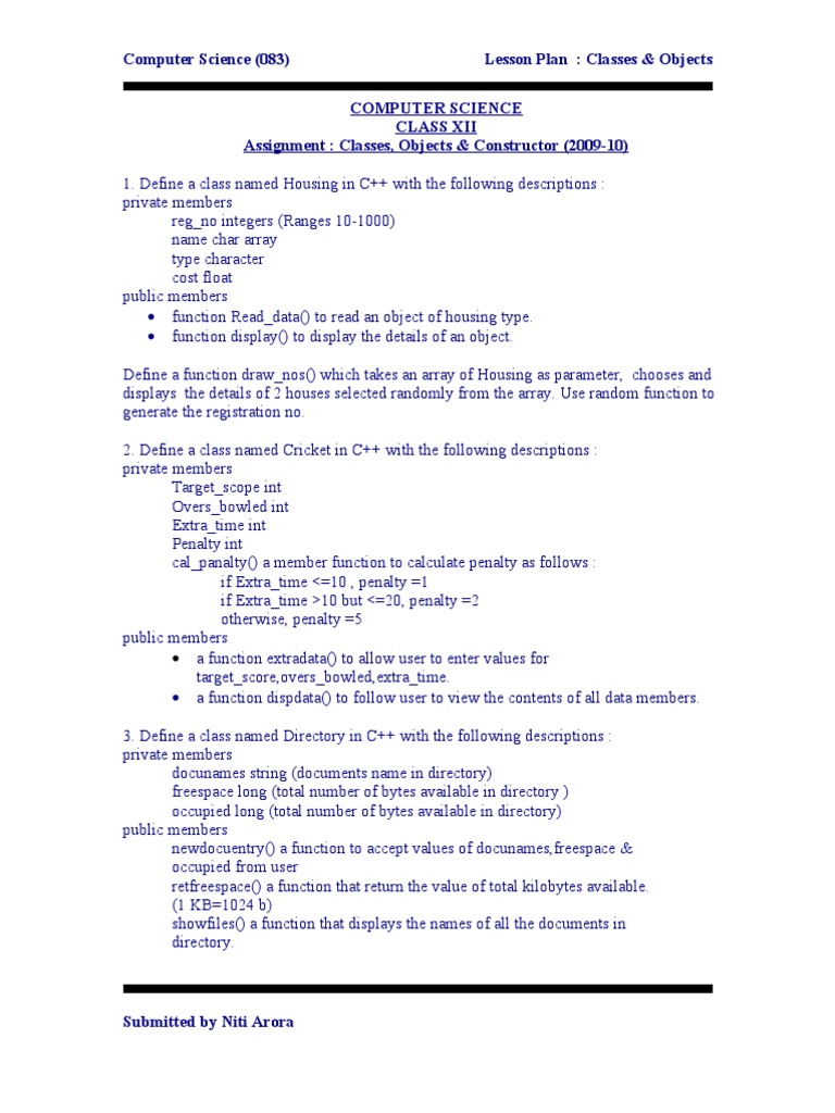 Classes Assignment Pdf Subroutine Constructor Object Oriented Programming 1545