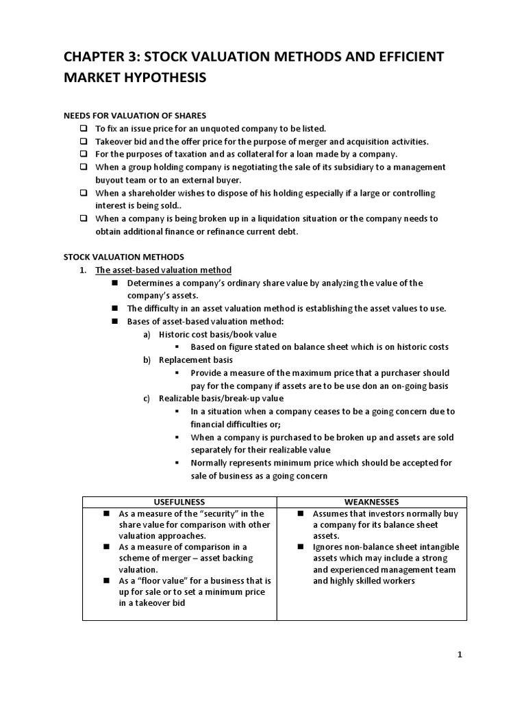 Chapter 3 Stock Valuation Methods And Efficient Market Hypothesis