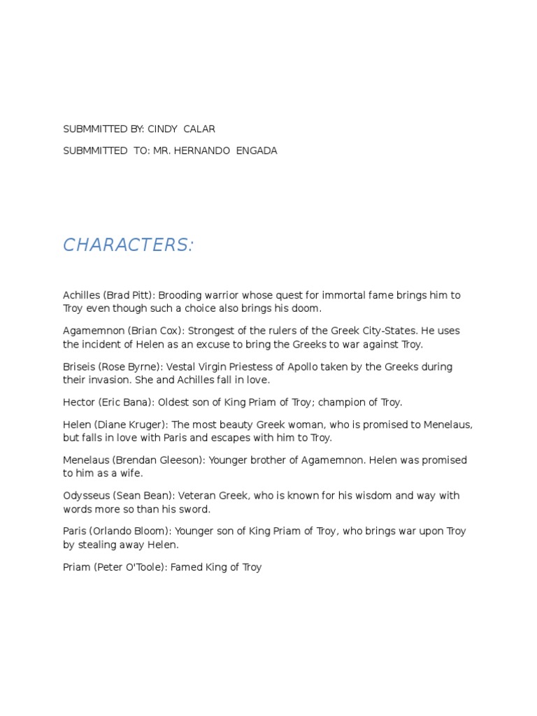 Character Analysis of Troy Film | PDF