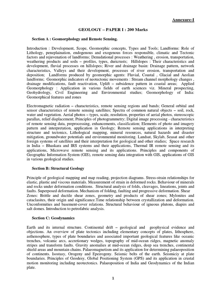 Annexure-I Geology - Paper I: 200 Marks: Section A: Geomorphology and ...