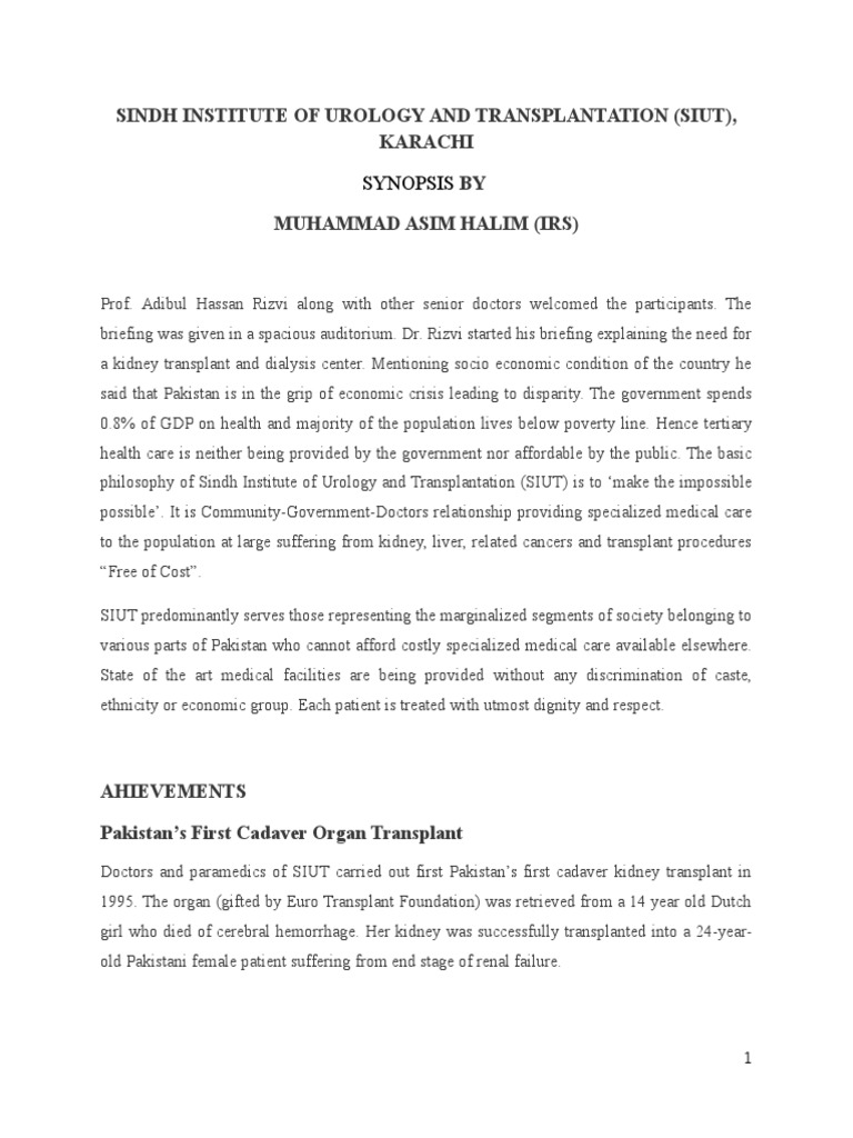 Sindh Institute of Urology and Transplantation (Siut), Karachi BY ...