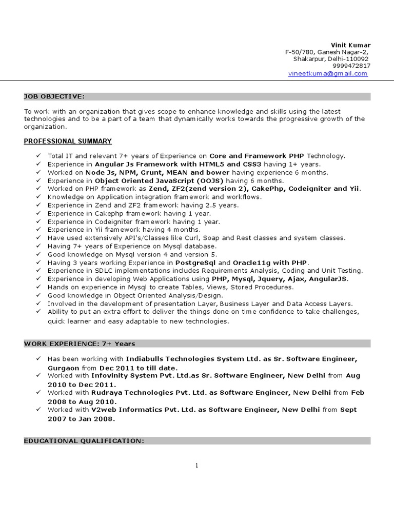 Job Objective:: Vinit Kumar | PDF | Php | Java Script