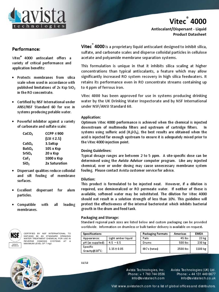 Vitec 4000 Antiscalant Datasheet | PDF | Membrane | Water
