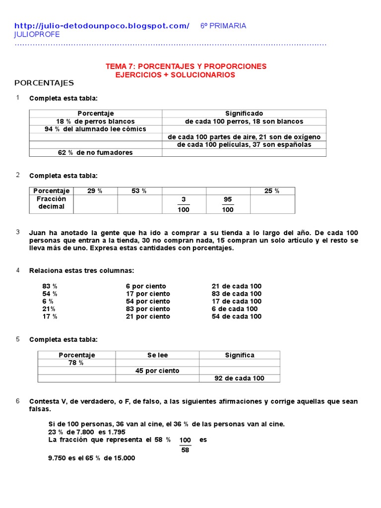 Hojas De Trabajo De Porcentajes Y Proporciones