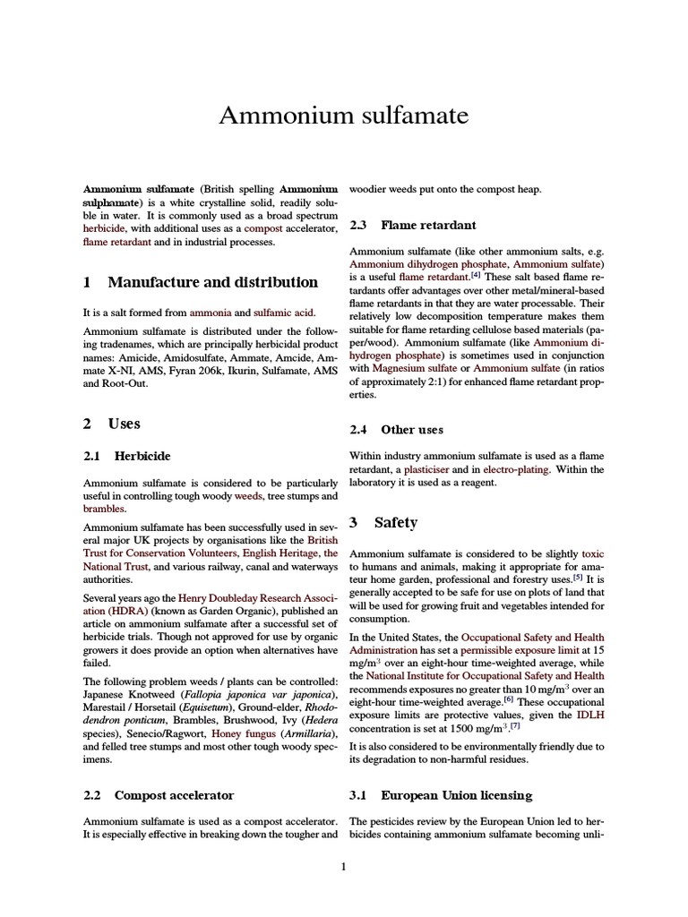Ammonium Sulfamate: 1 Manufacture and Distribution | Download Free PDF ...