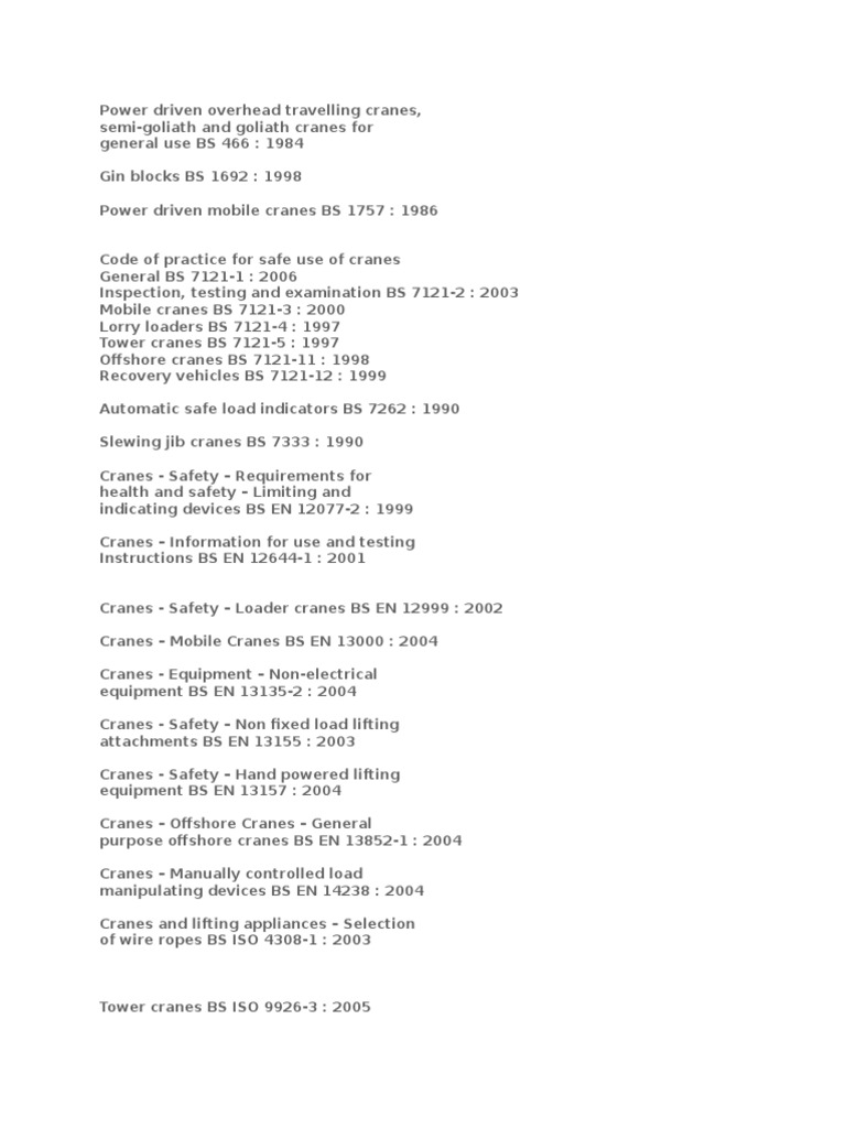 List of Lifting Standards | PDF | Crane (Machine) | Elevator