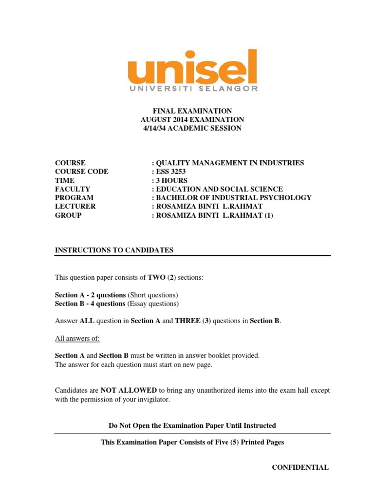 Quality Management Exam Paper | PDF | Test (Assessment) | Business