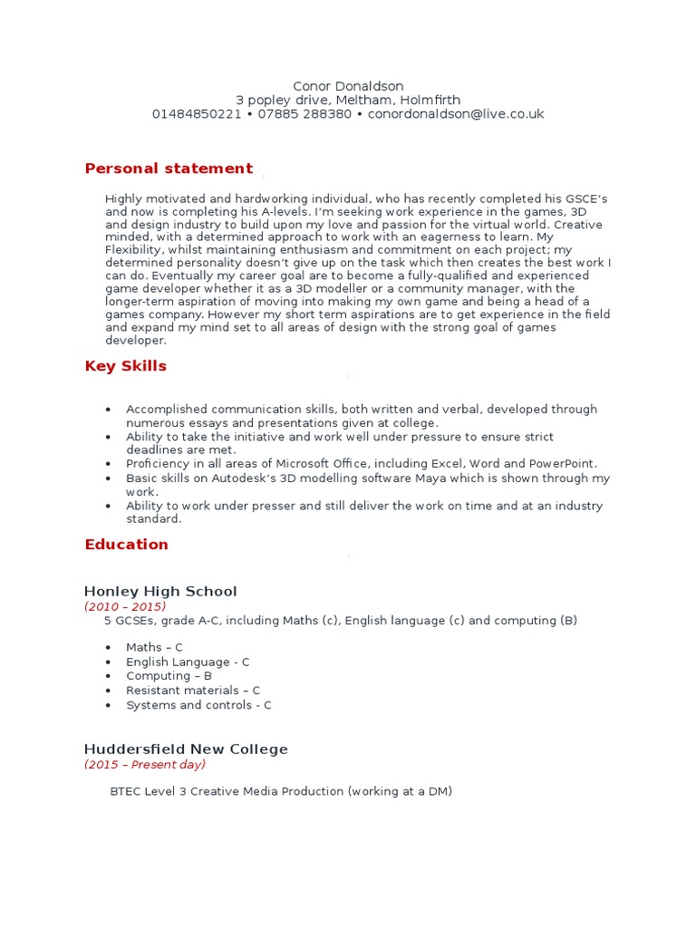 School Leaver Cv Template | Pdf | Communication | Cognition