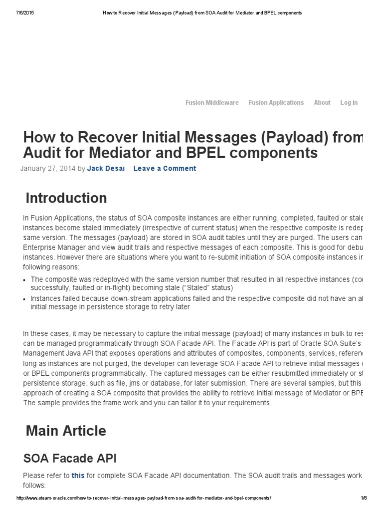 How To Recover Initial Messages (Payload) From SOA Audit For Mediator ...