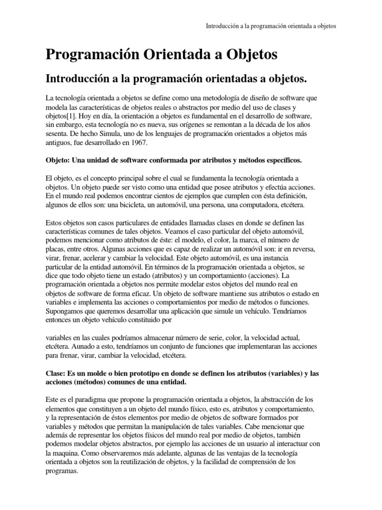 Introducción A La Programación Orientada A Objetos | Descargar gratis PDF | Objeto (informática ...