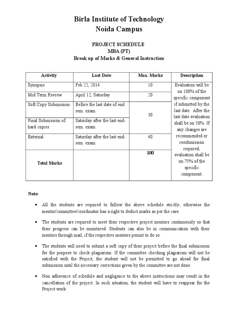 MBA Project Schedule and Guidelines | PDF