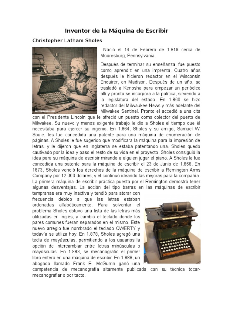 Christopher Latham Sholes: Inventor de la Máquina de Escribir | PDF