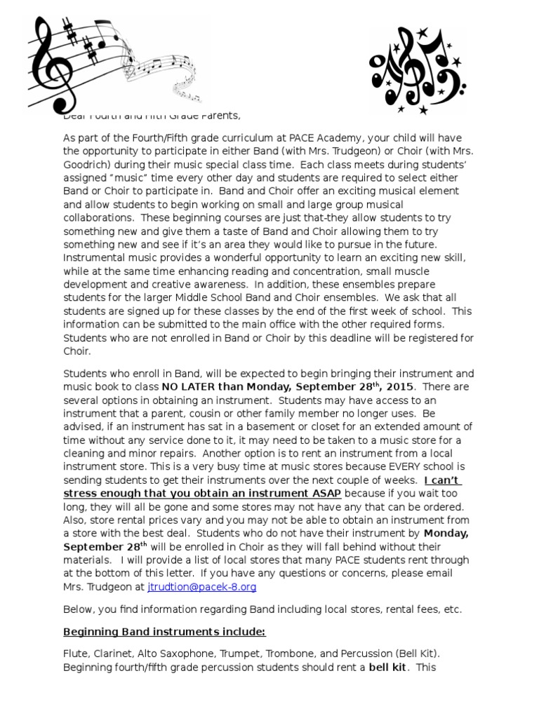 Fourth and Fifth Grade Band-Choir Letter To Parents in Orientation ...