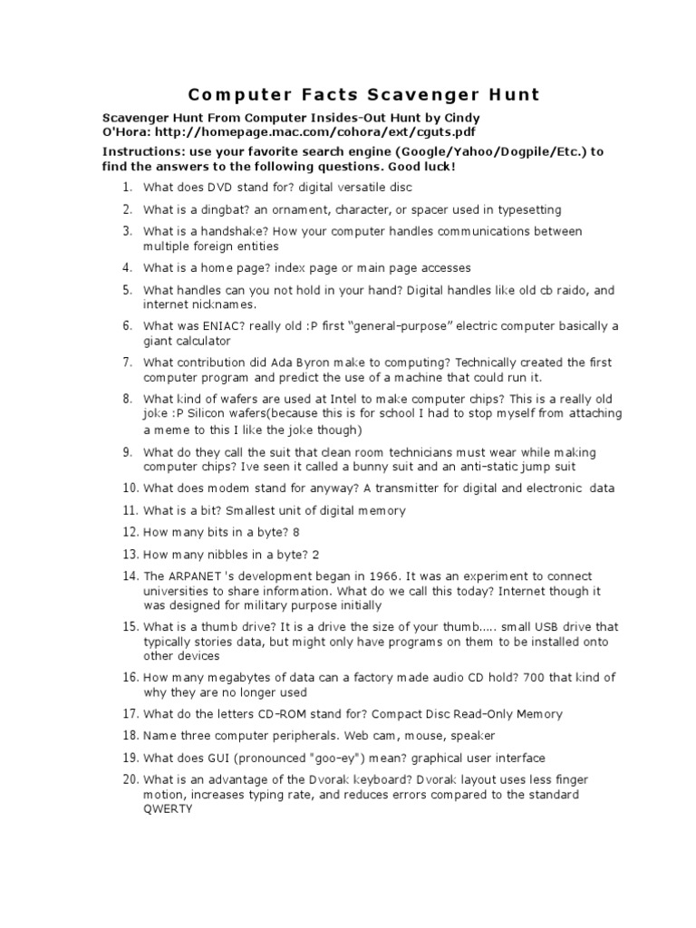 Computer Scavenger Hunt Worksheet