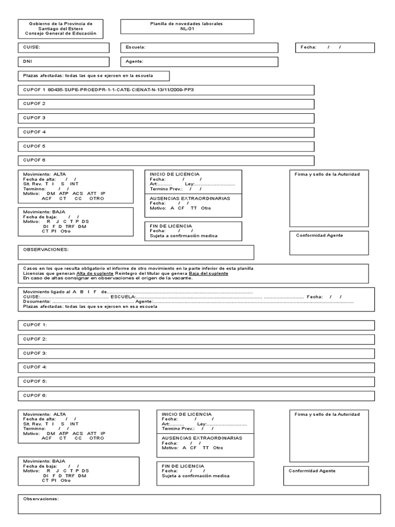 Planilla novedades laborales educación Santiago Estero | PDF