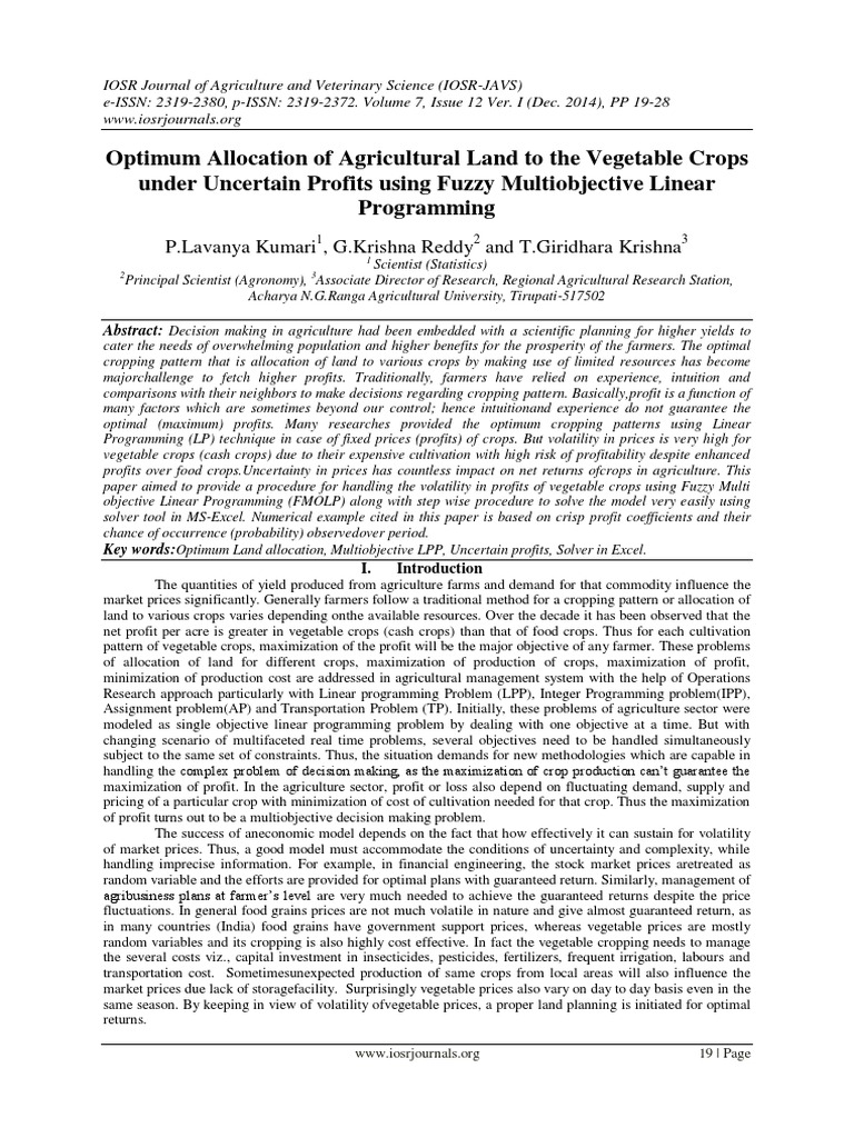 Optimum Allocation of Agricultural Land To The Vegetable Crops | PDF ...
