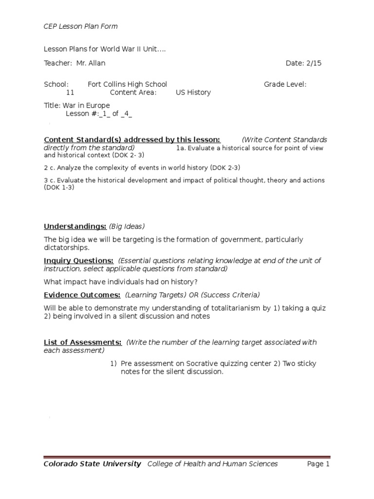 Lesson Plans For World War II Unit | PDF | Lesson Plan | Educational ...