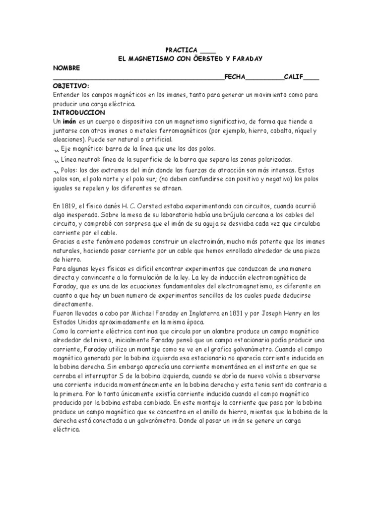 Practica Faraday y Oersted | PDF | Imán | Campo magnético