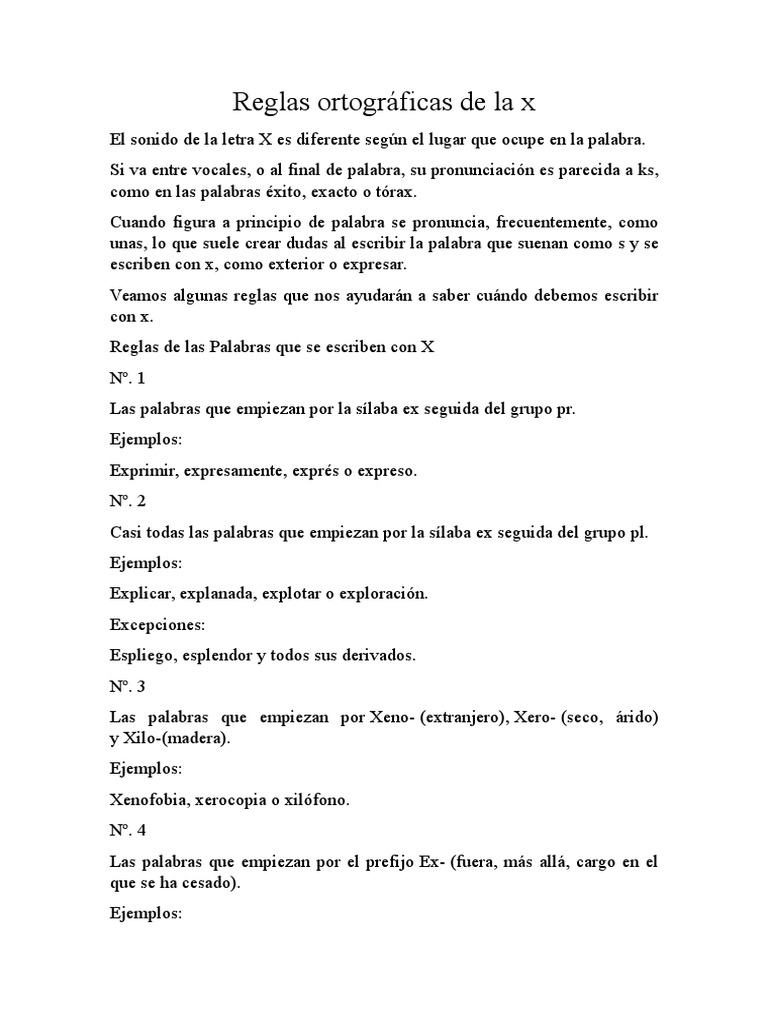 Reglas del uso de la letra X | PDF