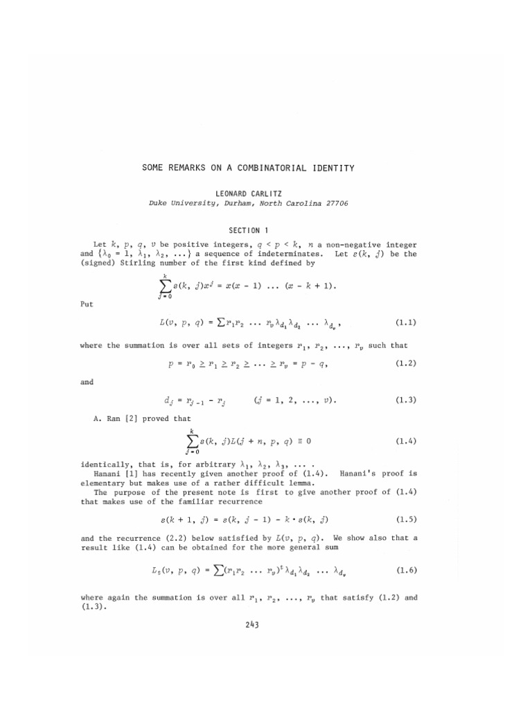 Some Remarks On A Combinatorial Identity: Duke University, Durham ...