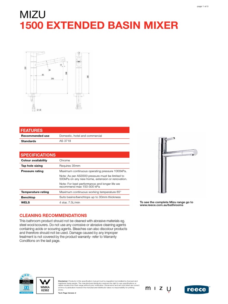 Mizu 1500 Mizu 1500 Extended Basin Mixer 2202216 Tech Warranty | PDF ...