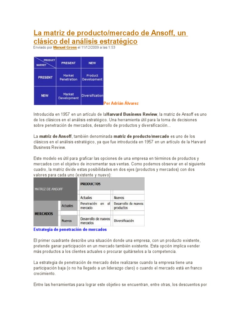 La Matriz de Producto Mercado de Ansoff, Un Clásico Del Análisis ...
