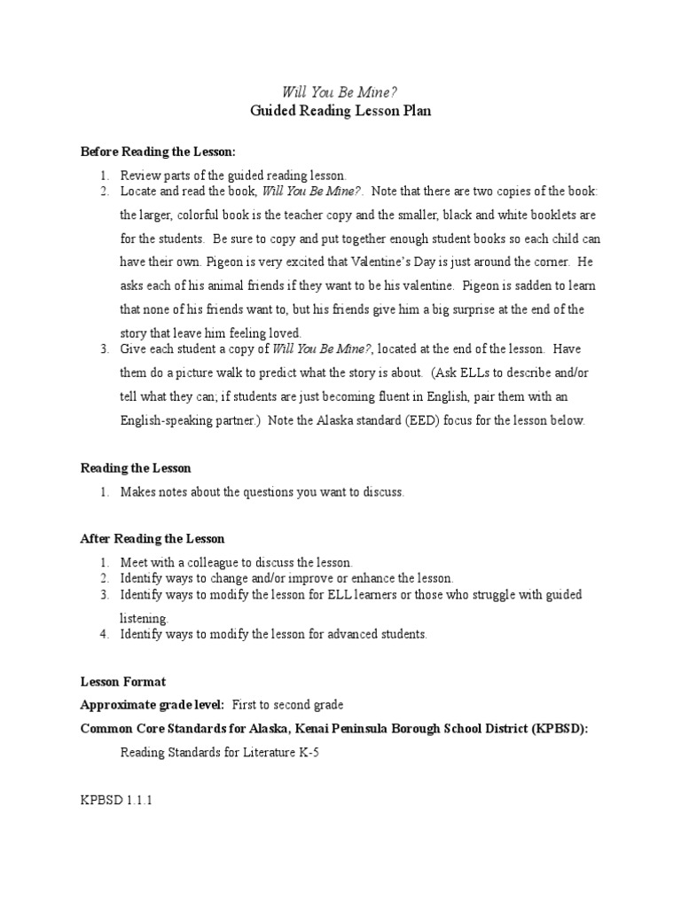 Guided Reading Lesson Plan: Will You Be Mine? | PDF | English Language ...