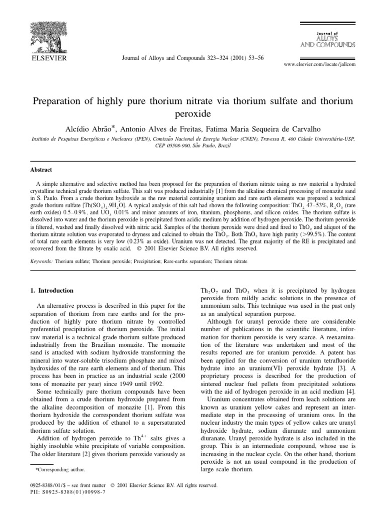Preparation of Highly Pure Thorium Nitrate Via Thorium Sulfate and ...