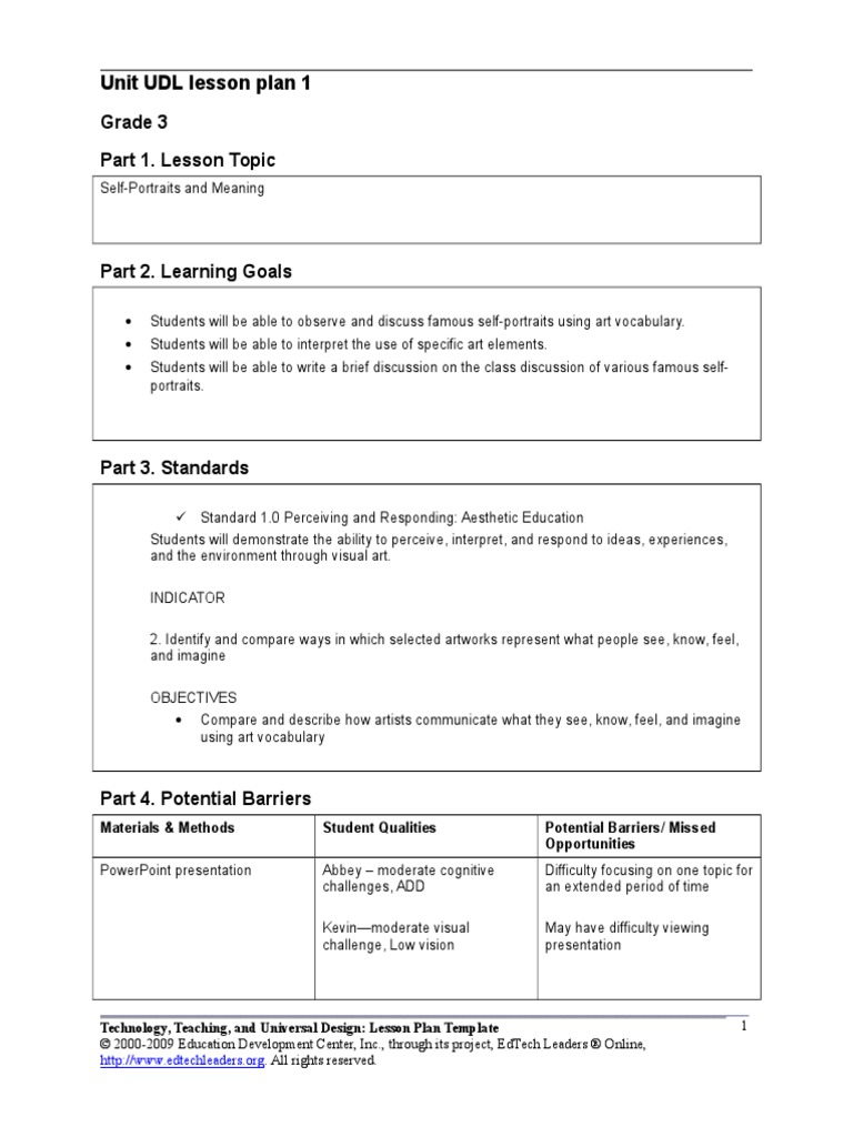 Unit UDL Lesson Plan 1: Grade 3 Part 1. Lesson Topic | PDF ...