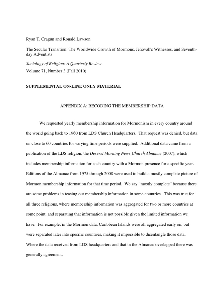 The Secular Transition: The Worldwide Growth of Mormons, Jehovah's ...