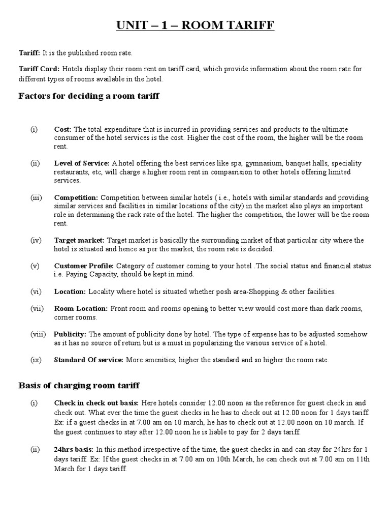 Hotel Room Tariff Factors | PDF | Meal | Hotel