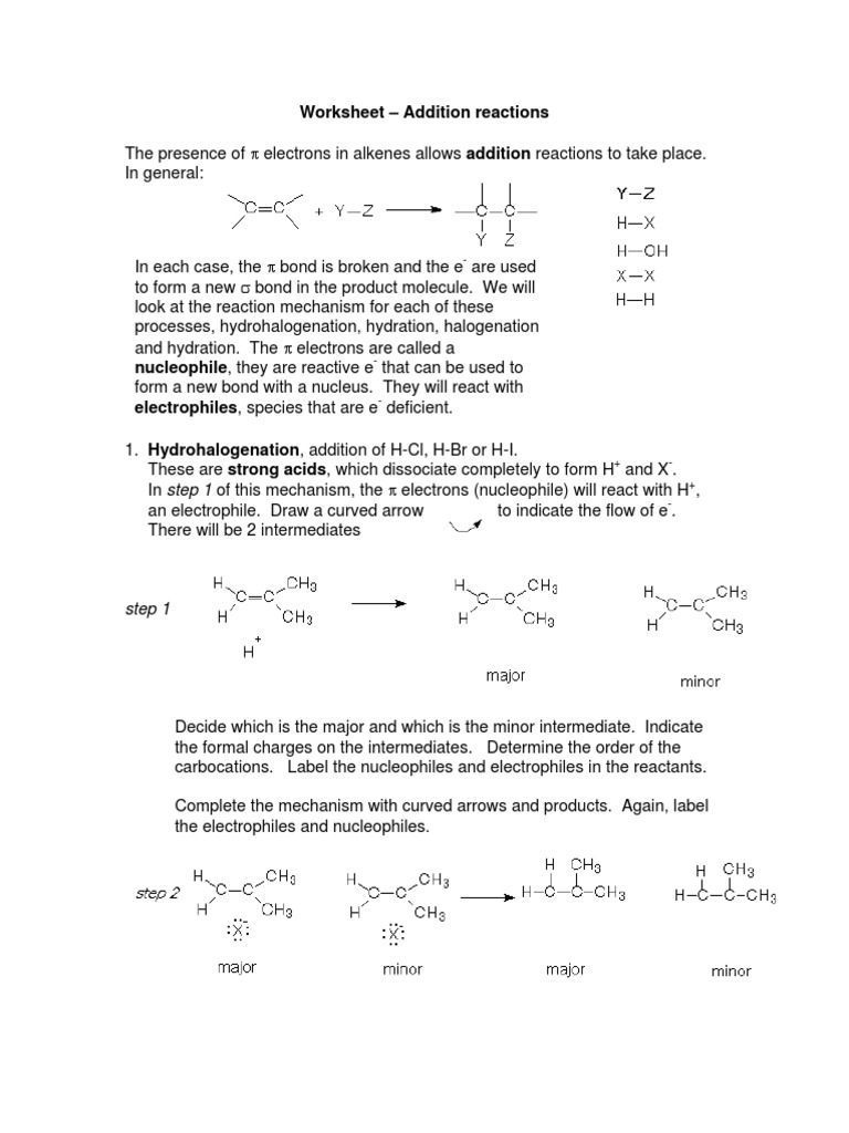 Worksheet - Addition Reactions | PDF | Chemical Reactions | Alkene