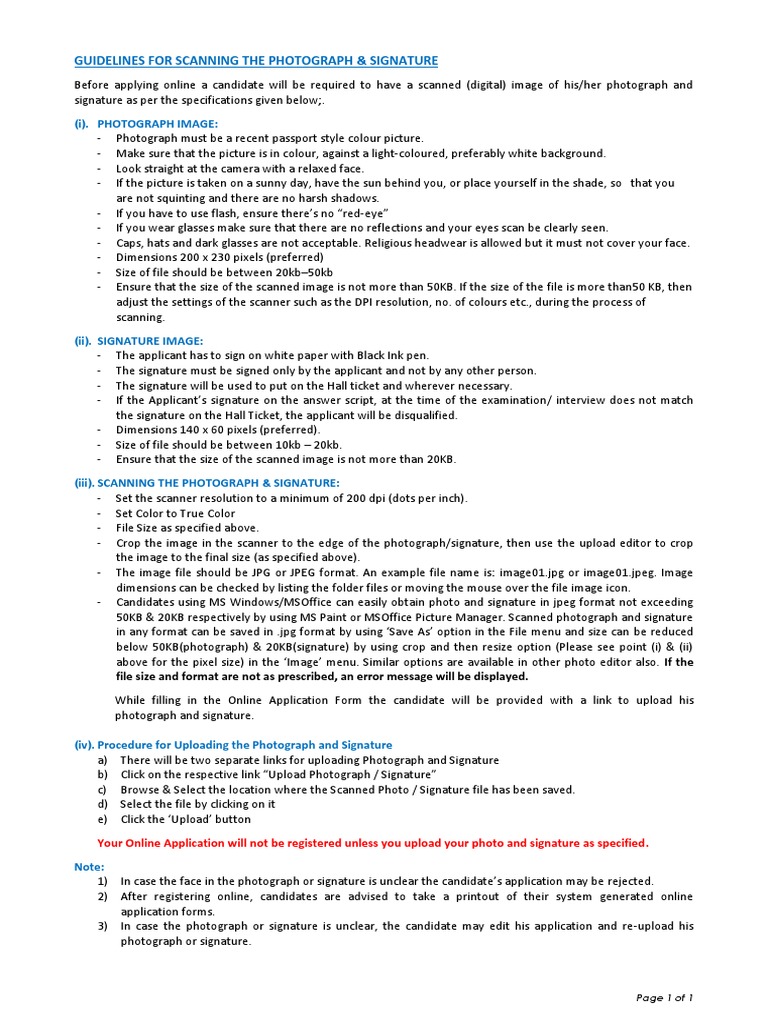 Guidelines For Scanning The Photograph & Signature | PDF | Image Scanner | Pixel
