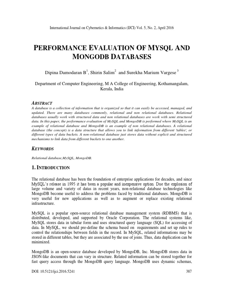 Performance Evaluation of Mysql and Mongodb Databases | PDF | Mongo Db | Databases