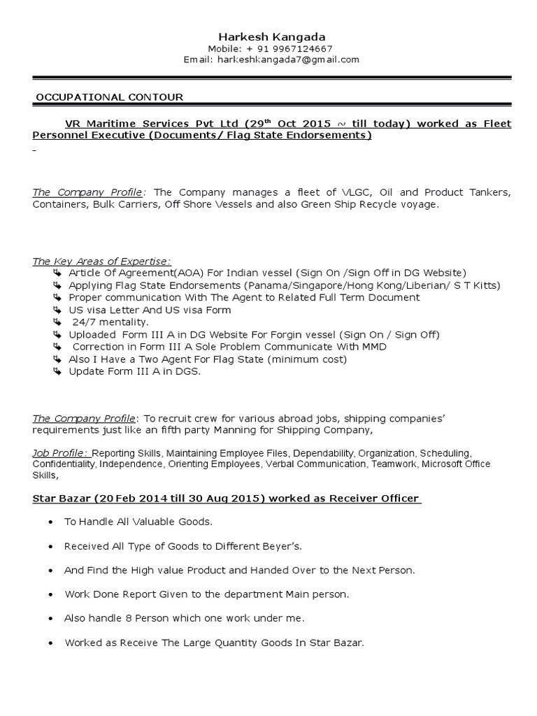 Harkesh Kangada: Maritime Fleet Executive Resume | PDF | Career ...
