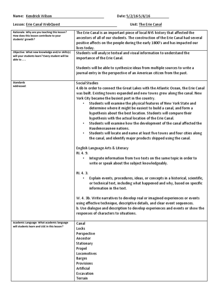 Erie Canal Lesson Plan | PDF | Erie Canal | Educational Assessment