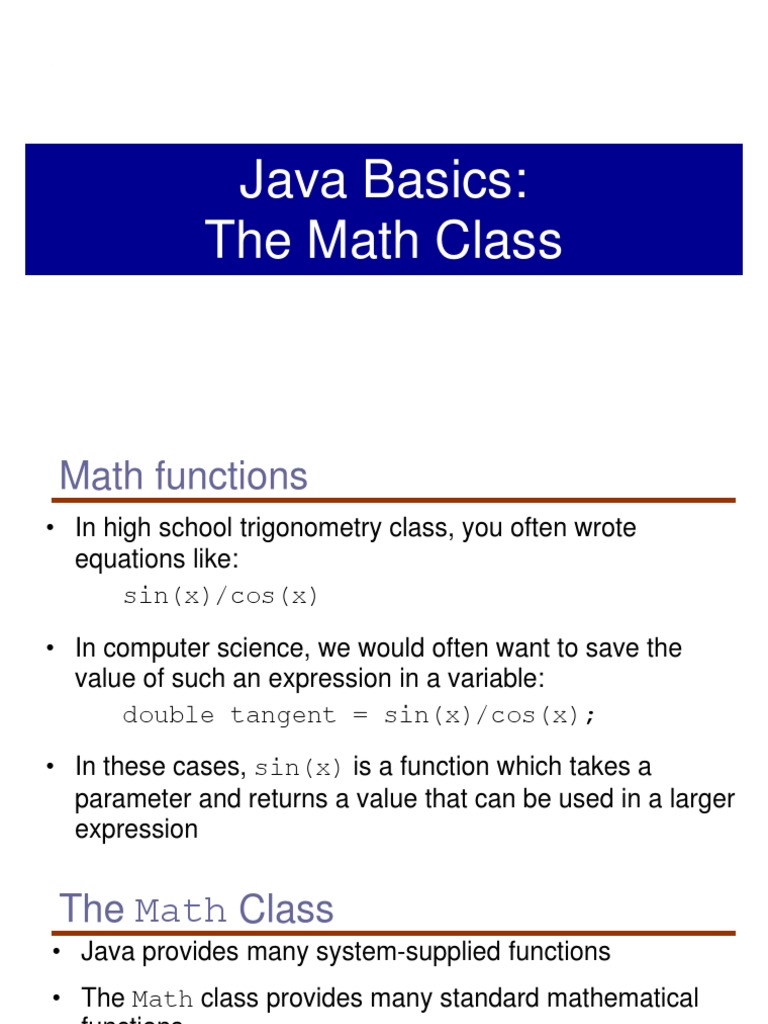 Java Basics: The Math Class | PDF | Trigonometric Functions | Sine