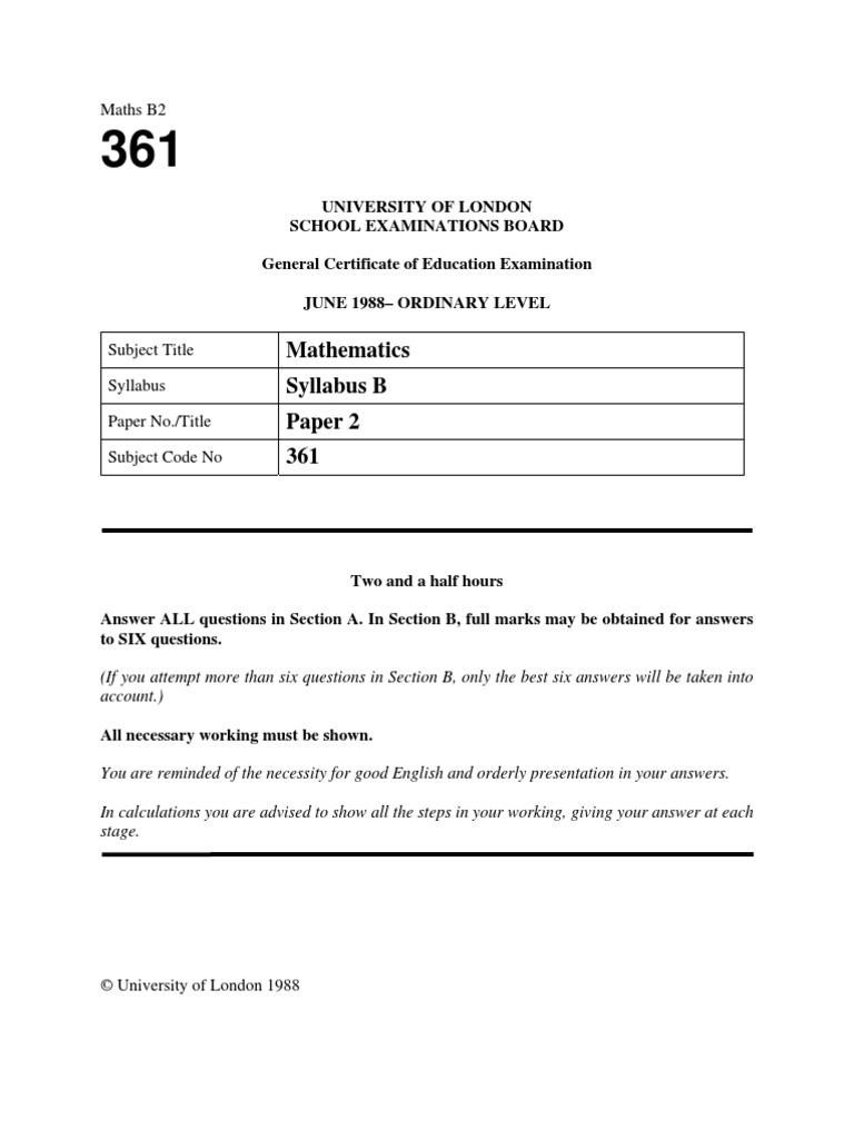 O Level Maths 1988 Paper 2 | PDF | Angle | Cartesian Coordinate System