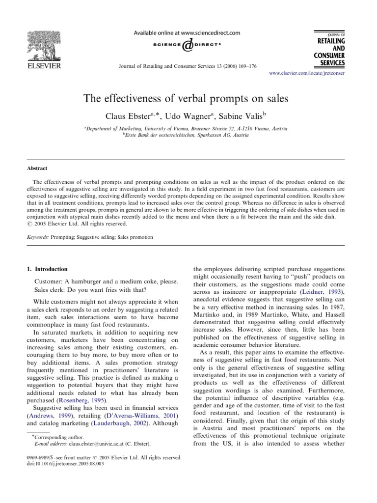 The Effectiveness of Verbal Prompts On Sales | PDF | Logistic ...