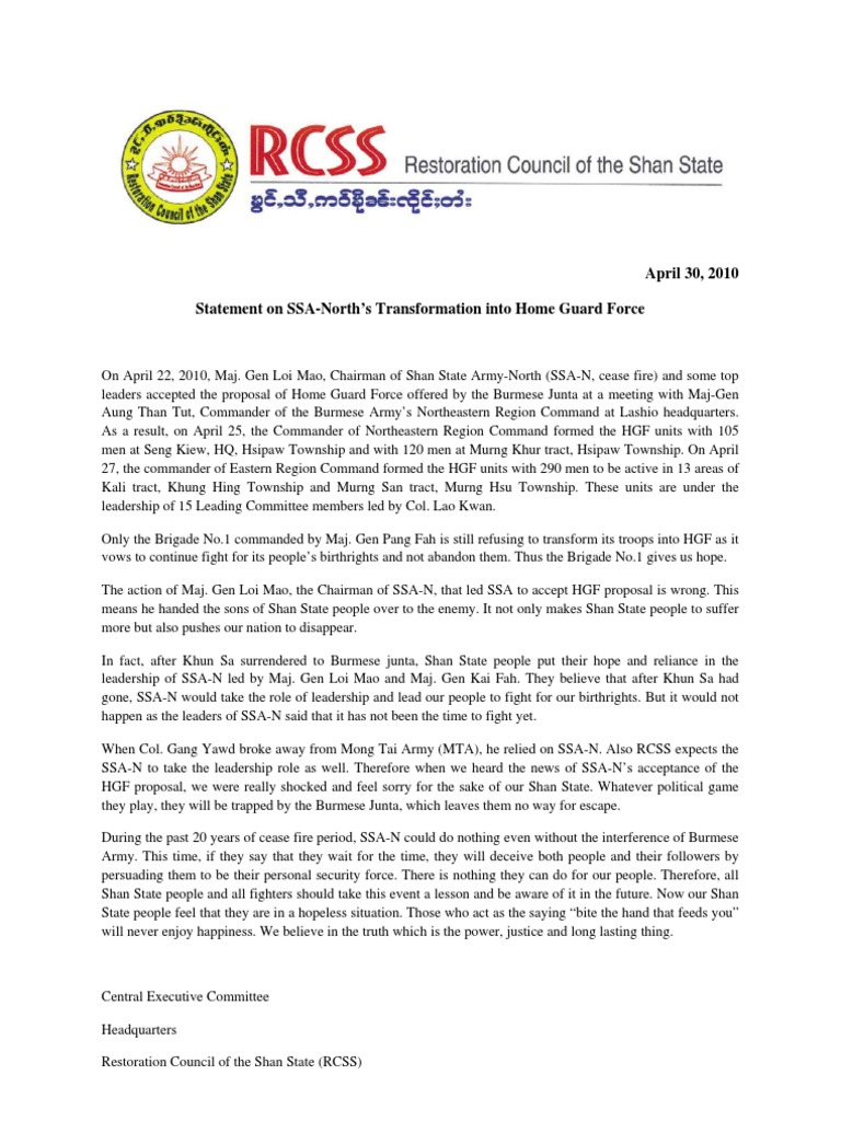 RCSS Statement On SSA-North's Transformation Into Home Guard Force | PDF | Warfare Of The ...