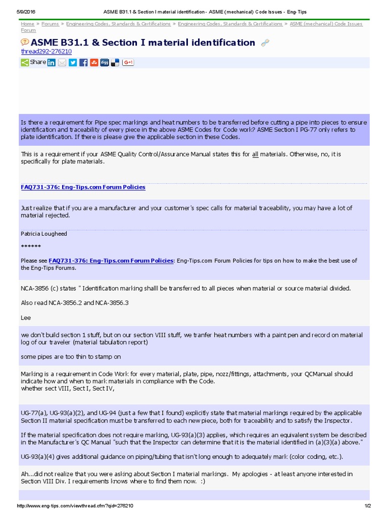 ASME B31.1&Section I Material Identification | Pipe (Fluid Conveyance) | Government Information