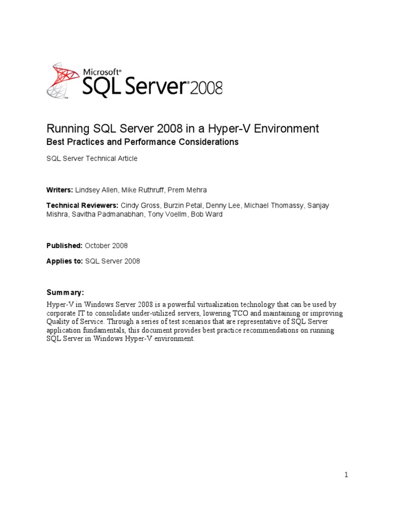 Best Practices Running SQL Server in Hyper-V | PDF | Hyper V | Scalability