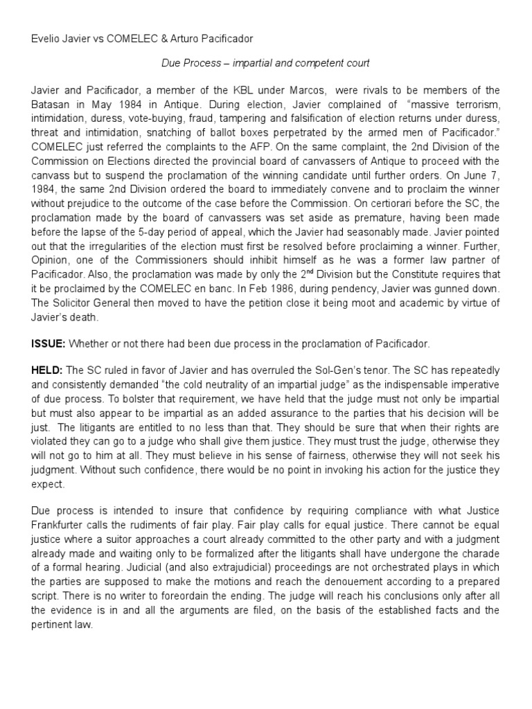 Evelio Javier Vs COMELEC Digest | PDF | Judge | Due Process Clause