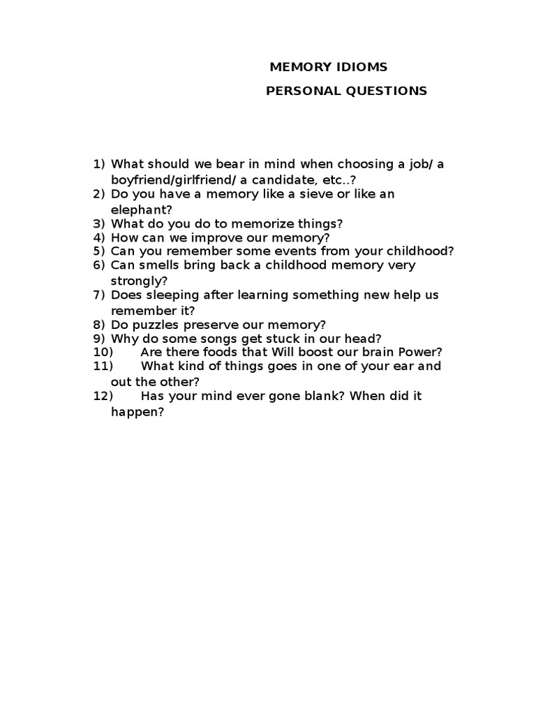 Memory Idioms and Personal Questions | PDF | Career & Growth