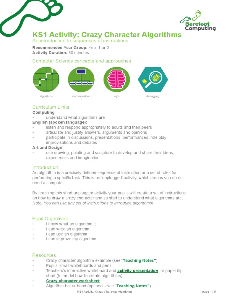 KS1 Crazy Character Algorithms Activity Barefoot Computing | PDF | Algorithms | Curriculum